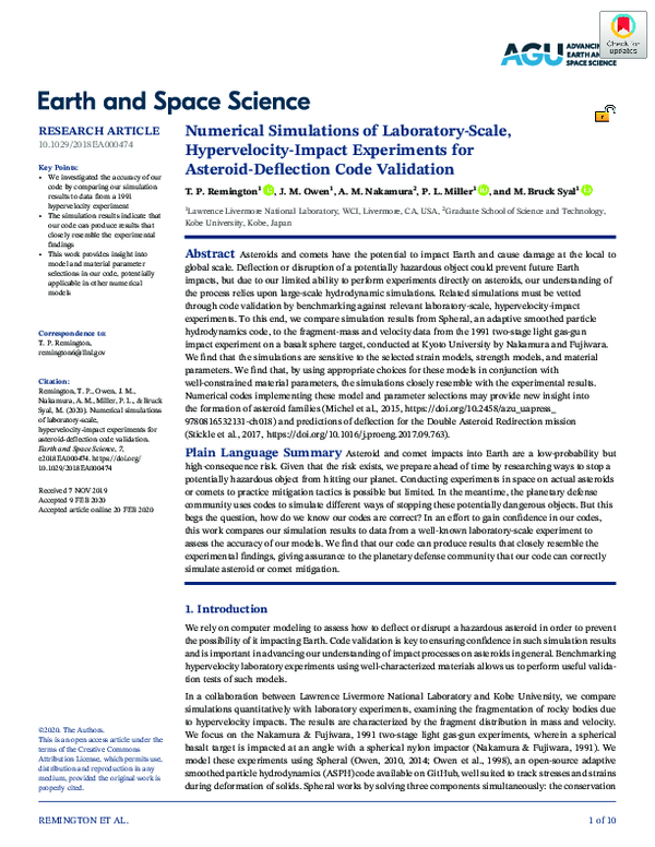 (PDF) Numerical Simulations of Laboratory‐Scale, Hypervelocity‐Impact Experiments for Asteroid ...