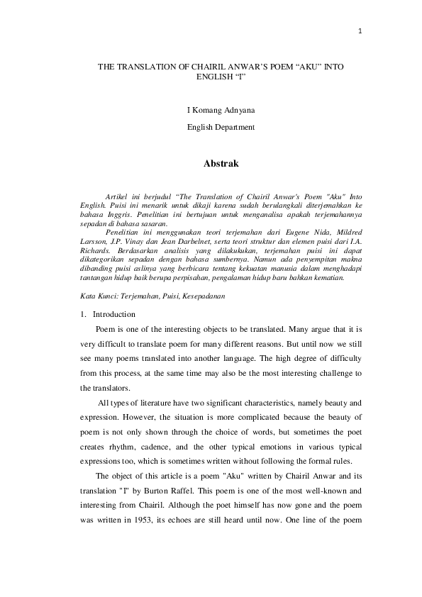 (PDF) The Translation of Chairil Anwar’s Poem “Aku” Into English “I”