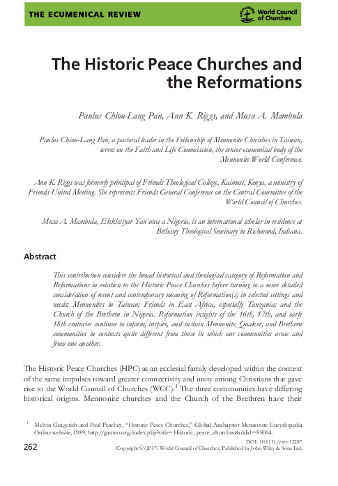 (PDF) The Historic Peace Churches and the Reformations