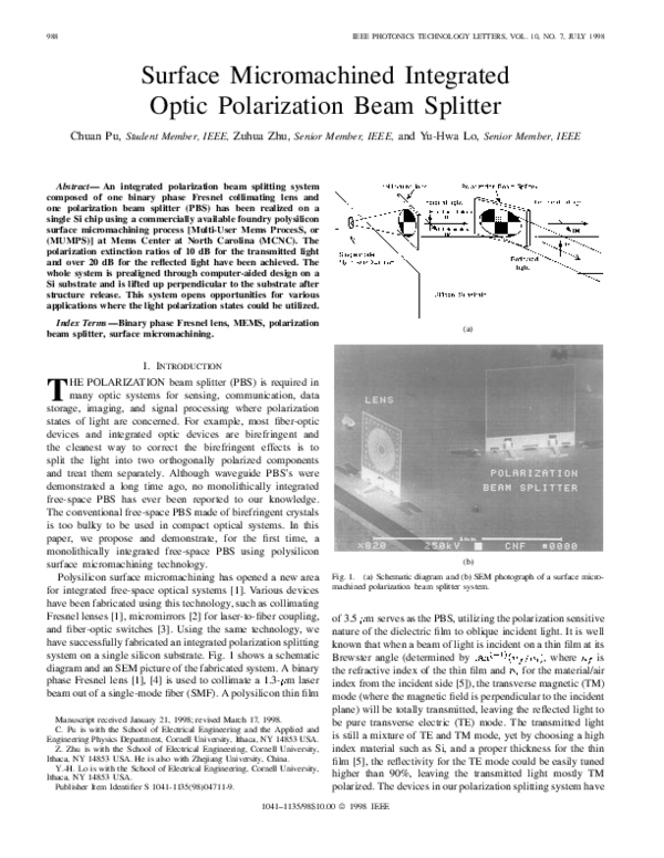 (PDF) Surface micromachined integrated optic polarization beam splitter | Yu-Hwa Lo - Academia.edu