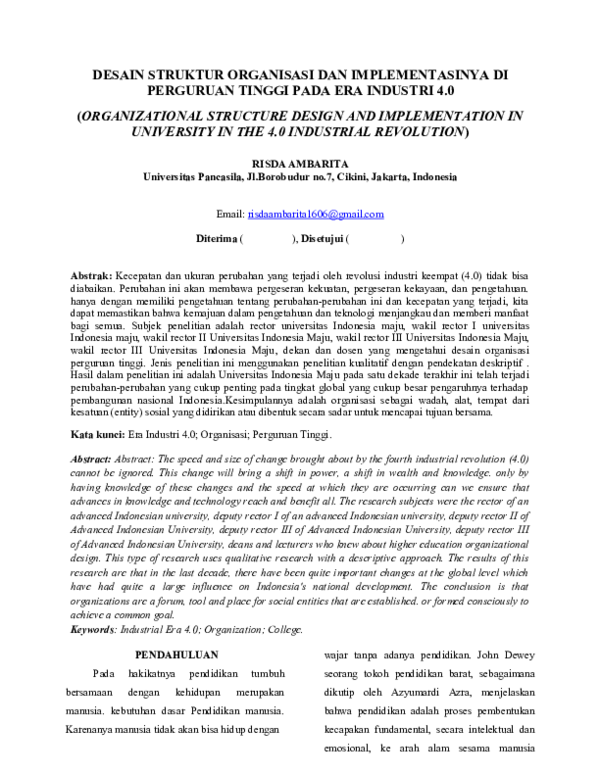 (DOC) DESAIN STRUKTUR ORGANISASI DAN IMPLEMENTASINYA DI PERGURUAN TINGGI PADA ERA INDUSTRI 4.0 ...