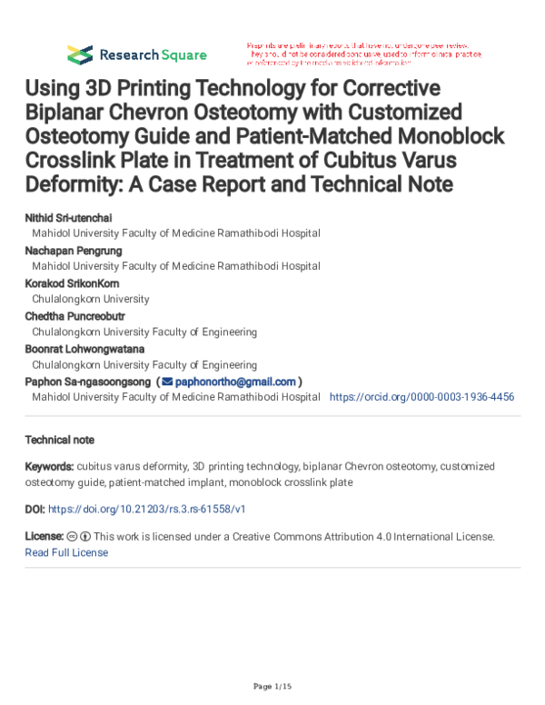 (PDF) Using 3D Printing Technology for Corrective Biplanar Chevron Osteotomy with Customized ...