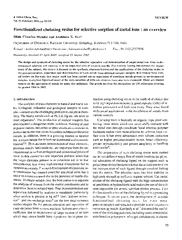 (PDF) Functionalized chelating resins for selective sorption of metal ...