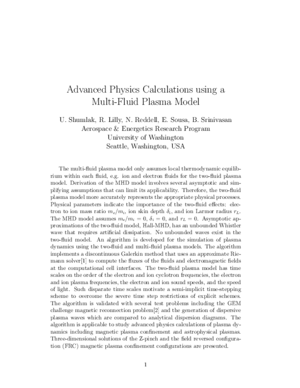 (PDF) Advanced physics calculations using a multi-fluid plasma model