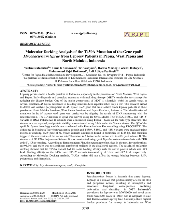 (PDF) Molecular Docking Analysis of the T450A Mutation of the Gene rpoB ...