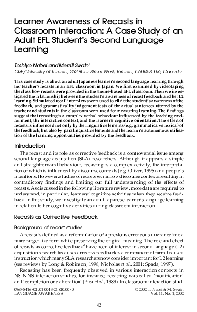 (PDF) Learner Awareness of Recasts in Classroom Interaction: A Case Study of an Adult EFL ...