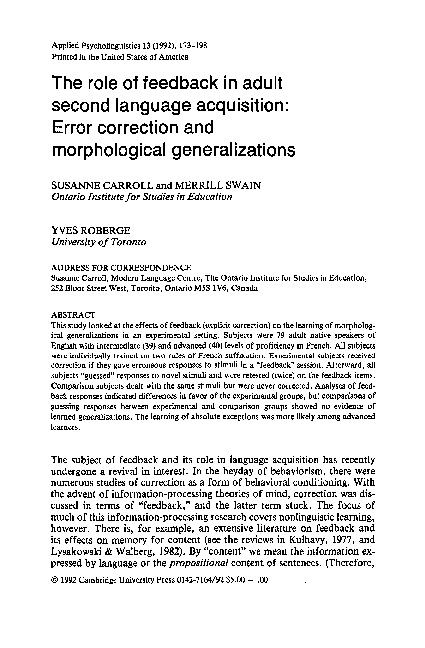(PDF) The role of feedback in adult second language acquisition: Error correction and ...