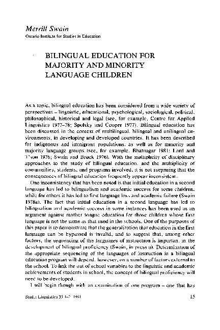 (PDF) Bilingual Education for Majority and Minority Language Children