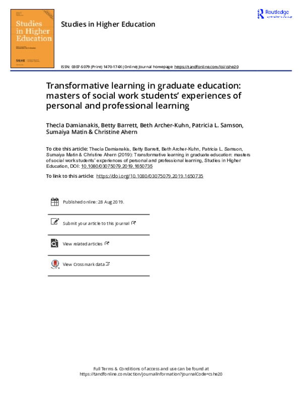 (PDF) Transformative learning in graduate education: masters of social work students ...