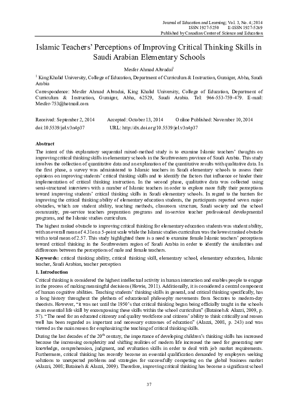 (PDF) Islamic Teachers’ Perceptions of Improving Critical Thinking ...