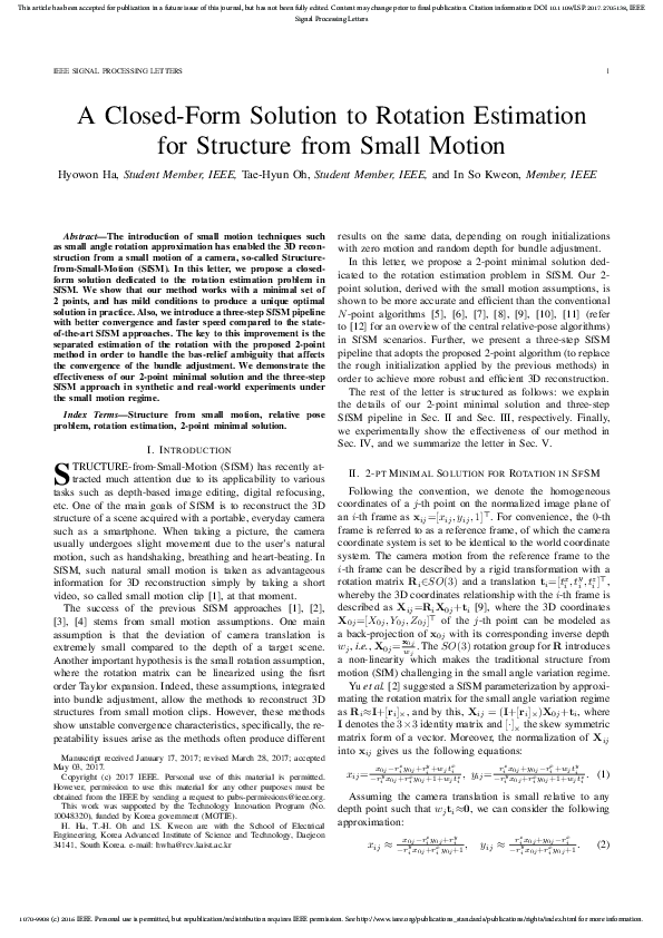 (PDF) A Closed-Form Solution to Rotation Estimation for Structure from Small Motion