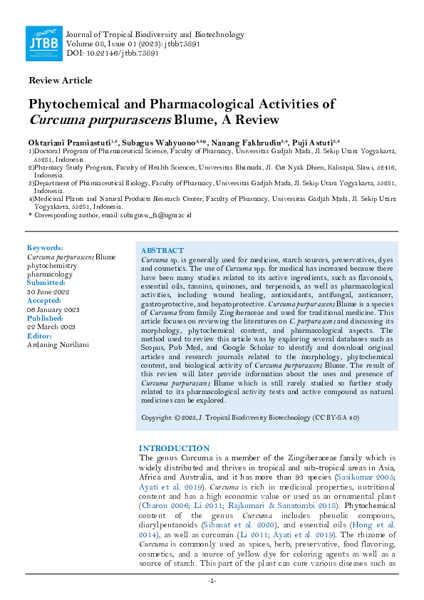 (PDF) Phytochemical and Pharmacological Activities of Curcuma purpurascens Blume, A Review