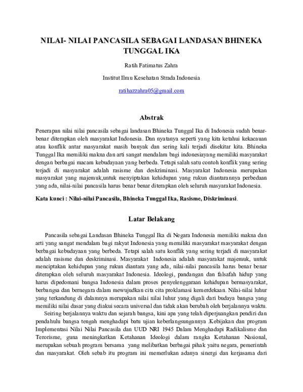 (DOC) NILAI-NILAI PANCASILA SEBAGAI LANDASAN BHINEKA TUNGGAL IKA