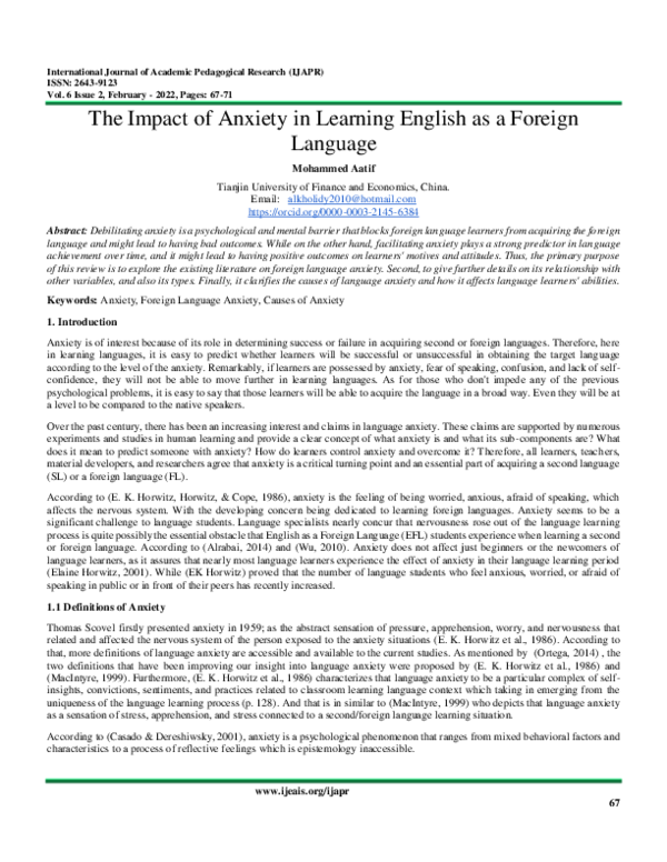 (PDF) The Impact of Anxiety in Learning English as a Foreign Language