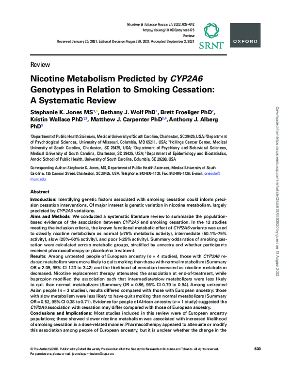 (PDF) Nicotine Metabolism Predicted by CYP2A6 Genotypes in Relation to ...