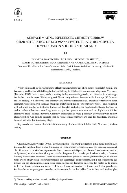 (PDF) Surface mating influences chimney/burrow characteristics of Uca ...