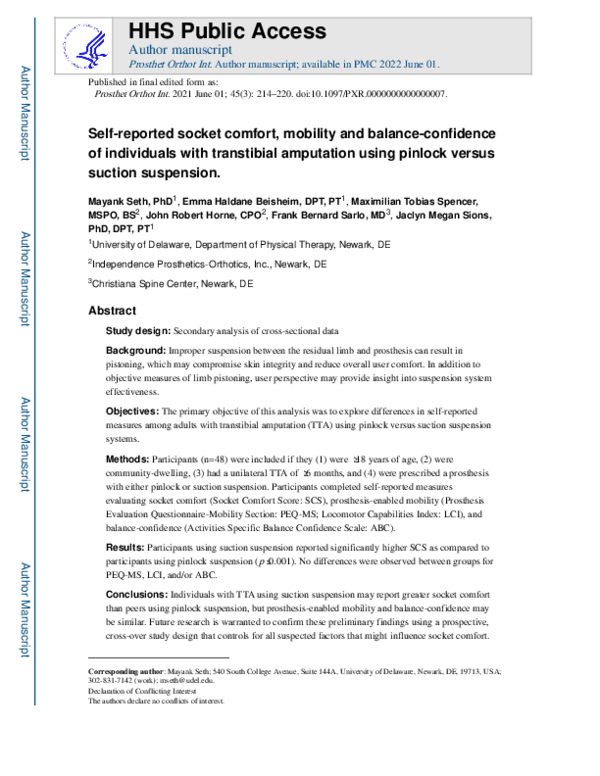 (PDF) Self-reported socket comfort, mobility, and balance-confidence of ...