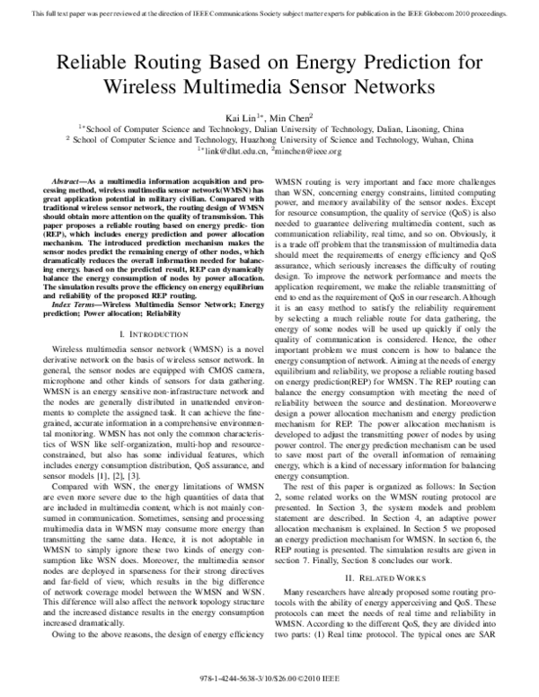 (PDF) Reliable Routing Based on Energy Prediction for Wireless Multimedia Sensor Networks