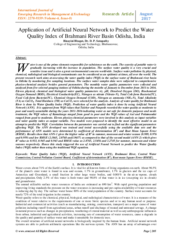 (PDF) Application of Artificial Neural Network to Predict the Water Quality Index of Brahmani ...