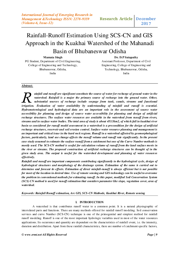 (PDF) Rainfall-Runoff Estimation Using SCS-CN and GIS Approach in the ...