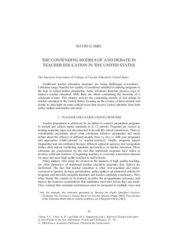 (PDF) The Contending Models of and Debate in Teacher Education in the ...