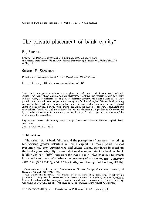 (PDF) The private placement of bank equity | raj Varma - Academia.edu