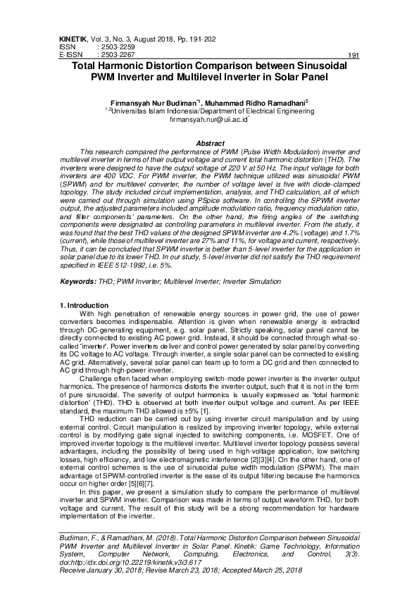(PDF) Total Harmonic Distortion Comparison between Sinusoidal PWM Inverter and Multilevel ...
