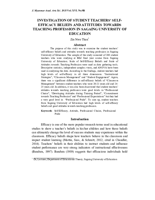 (PDF) Investigation of Student Teachers' Self-Efficacy Beliefs and Attitudes Towards Teaching ...