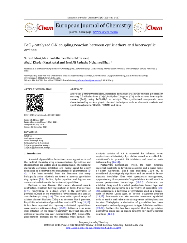 (PDF) FeCl3-catalysed C-N coupling reaction between cyclic ethers and heterocyclic amines | Syed ...