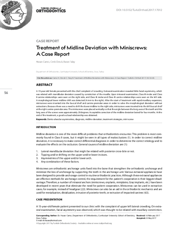 (PDF) Treatment of Midline Deviation with Miniscrews: A Case Report