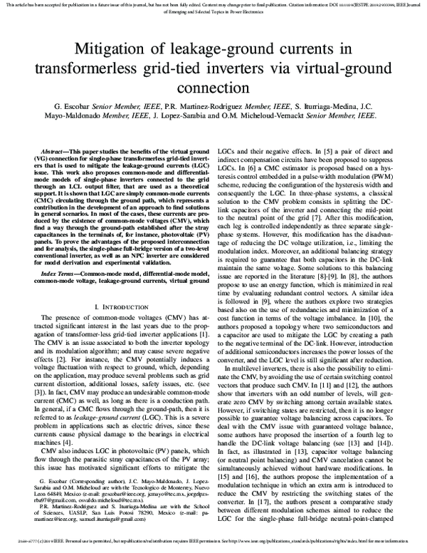 Pdf Mitigation Of Leakage Ground Currents In Transformerless Grid Tied Inverters Via Virtual