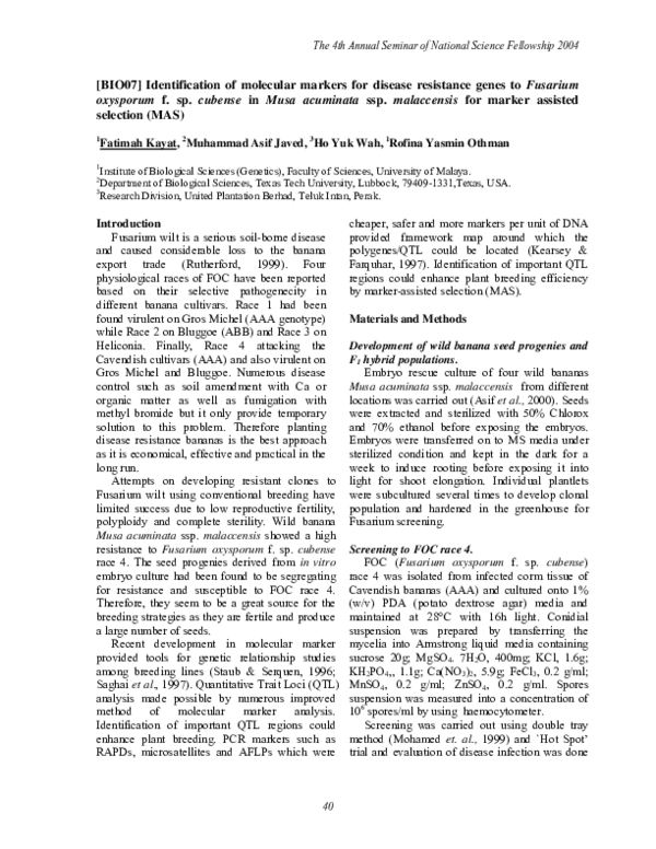 (PDF) Identification of molecular markers for disease resistance genes to Fusarium oxysporum f ...