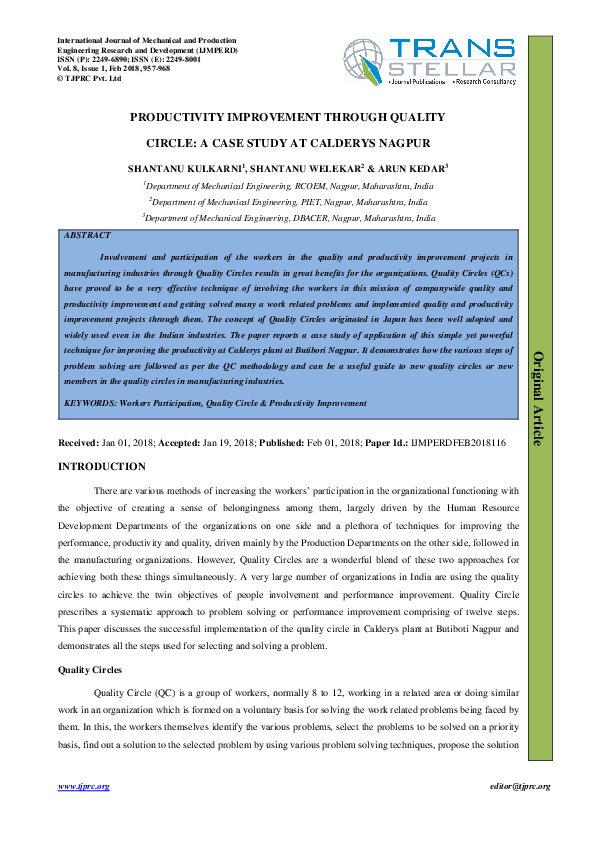(PDF) Productivity Improvement through Quality Circle, A Case Study at ...