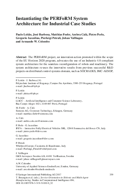 (PDF) Instantiating the PERFoRM System Architecture for Industrial Case ...