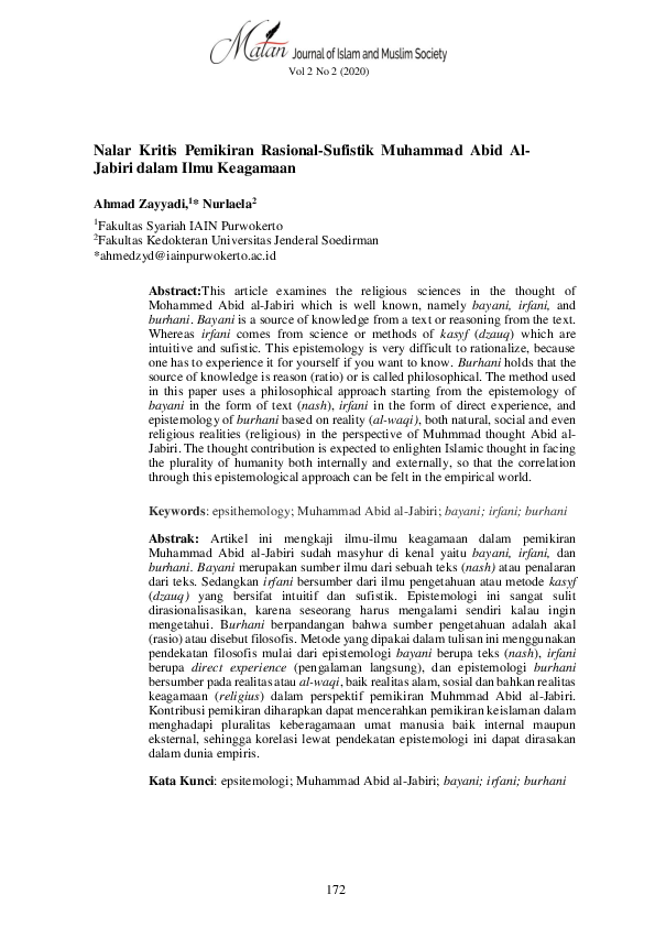 (PDF) Nalar Kritis Pemikiran Rasional-Sufistik Muhammad Abid Al-Jabiri ...
