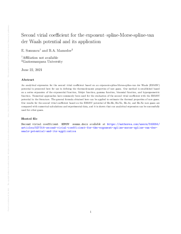 (PDF) Second virial coefficient for the exponent--spline-Morse-spline-van der Waals potential ...