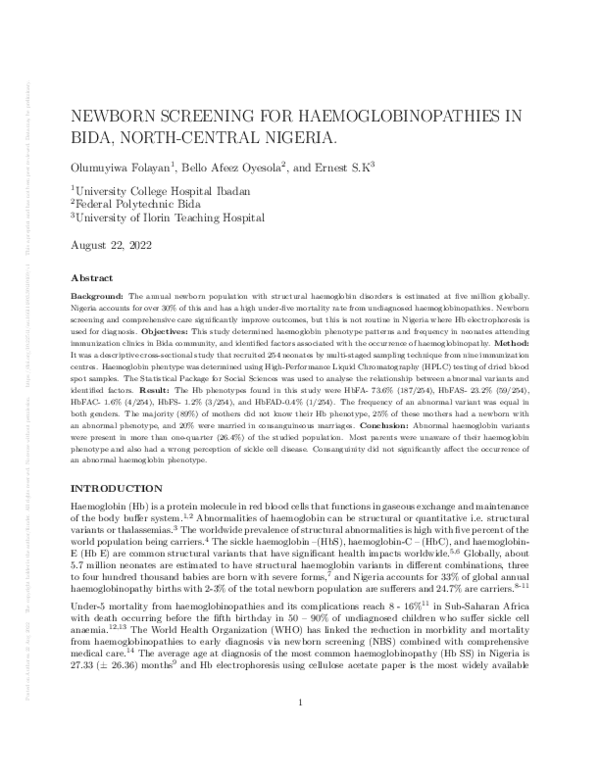 (PDF) Newborn Screening for Haemoglobinopathies in Bida, North-Central ...