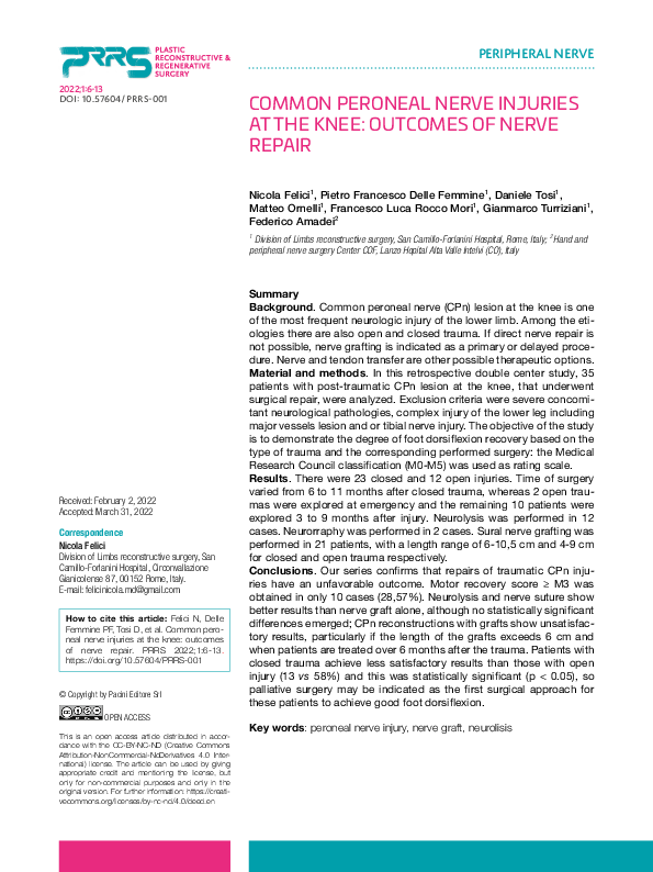 (PDF) Common Peroneal Nerve Injuries at the Knee: Outcomes of Nerve Repair