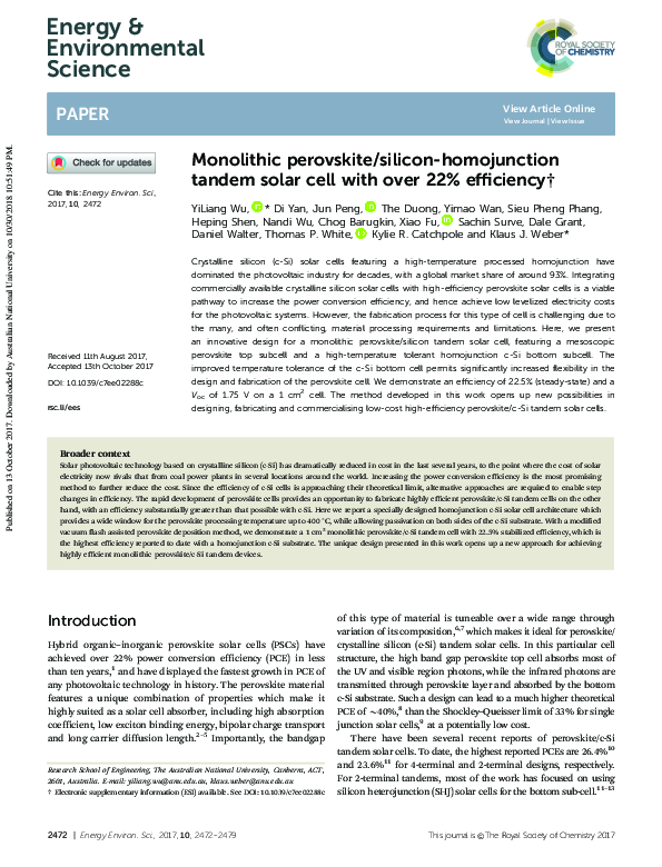 (PDF) Monolithic perovskite/silicon-homojunction tandem solar cell with over 22% efficiency