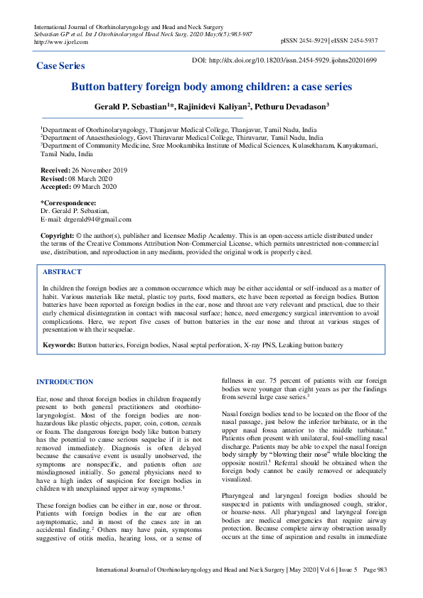 (PDF) Button battery foreign body among children: a case series