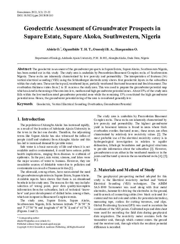 (PDF) Geoelectric Assessment of Groundwater Prospects in Supare Estate, Supare Akoko ...