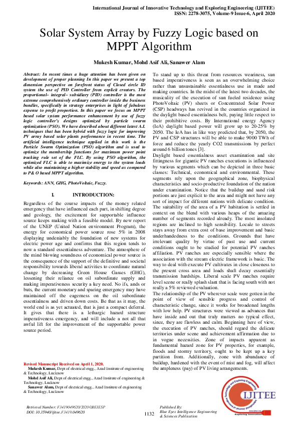 Pdf Solar System Array By Fuzzy Logic Based On Mppt Algorithm