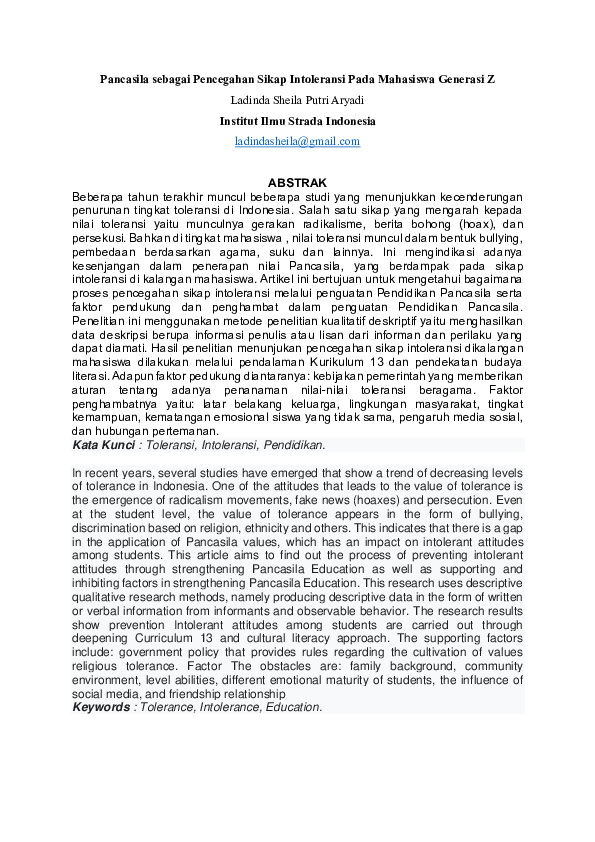 (PDF) Pancasila sebagai Pencegahan Sikap Intoleransi Pada Mahasiswa Generasi Z