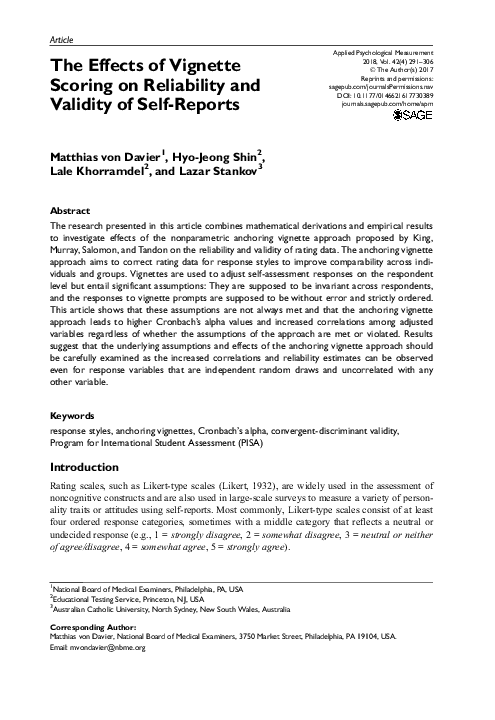 (PDF) The Effects of Vignette Scoring on Reliability and Validity of Self-Reports