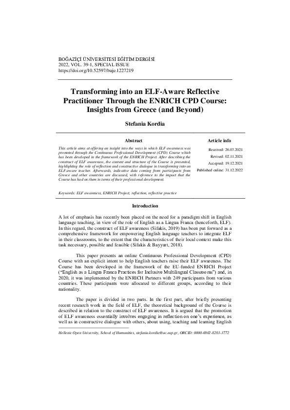 (PDF) Transforming into an ELF-aware Reflective Practitioner Through ...