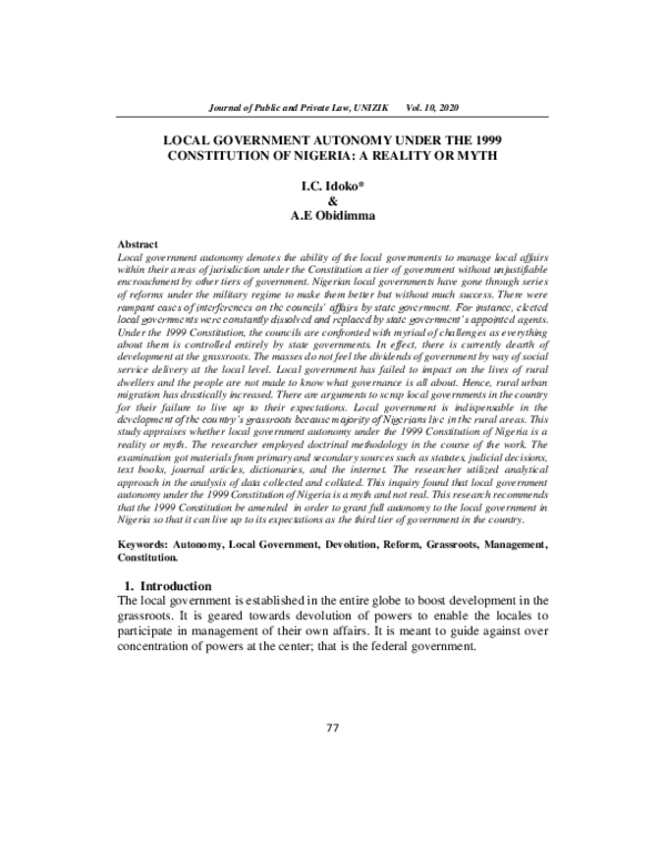 (PDF) Local Government Autonomy Under the 1999 Constitution of Nigeria ...