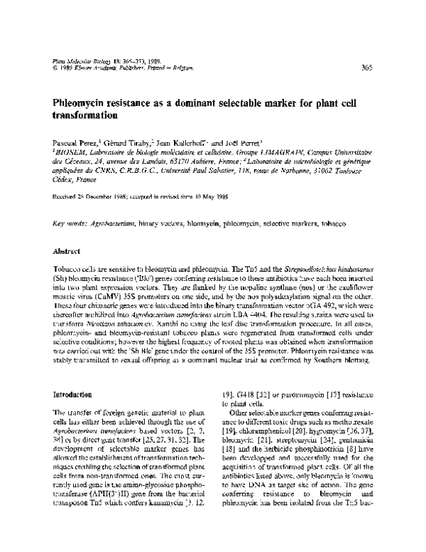 (PDF) Phleomycin resistance as a dominant selectable marker for plant ...