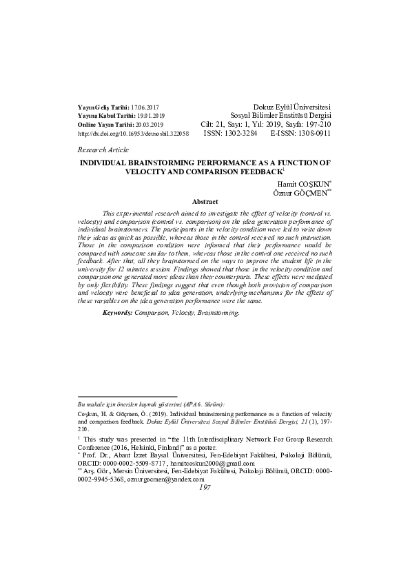 (PDF) Individual Brainstorming Performance as a Function of Velocity ...