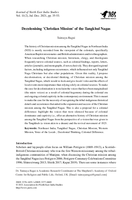 (PDF) Decolonising 'Christian Mission' of the Tangkhul Nagas