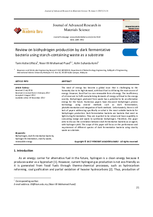(PDF) Biohydrogen Production from Starch Waste by Dark Fermentative ...